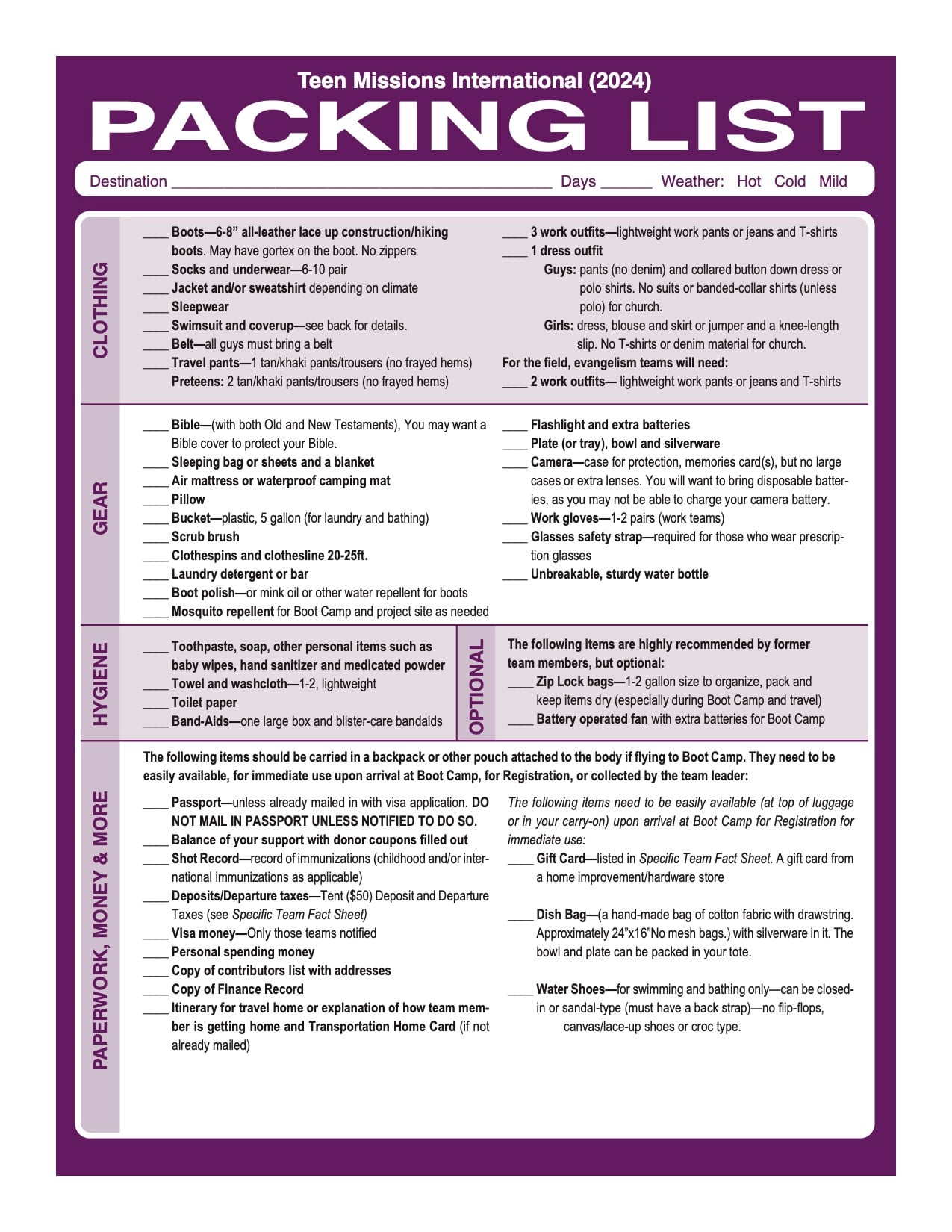 Missions Trip Packing List - Teen Missions